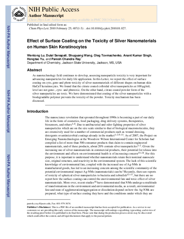 (PDF) Effect of surface coating on the toxicity of silver nanomaterials ...