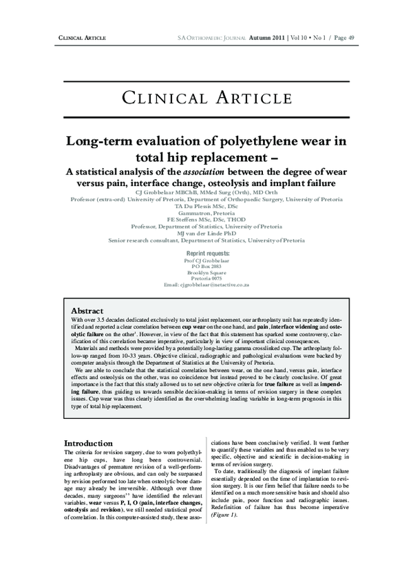 (PDF) Longterm evaluation of polyethylene wear in total hip replacement ...