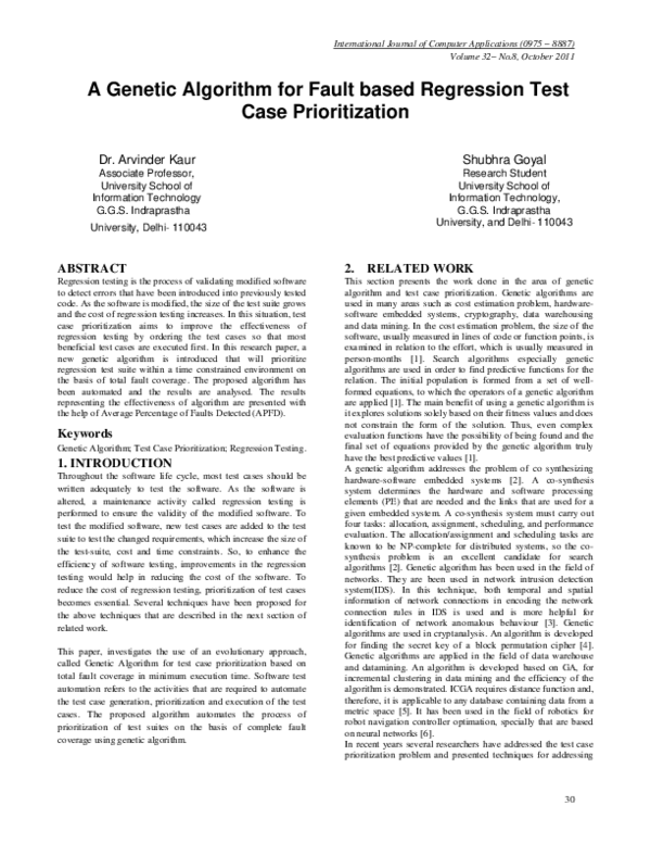 Pdf A Genetic Algorithm For Fault Based Regression Test Case Prioritization