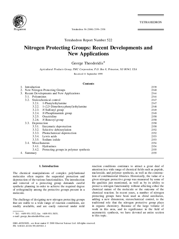 (PDF) Nitrogen protecting groups: Recent developments and new