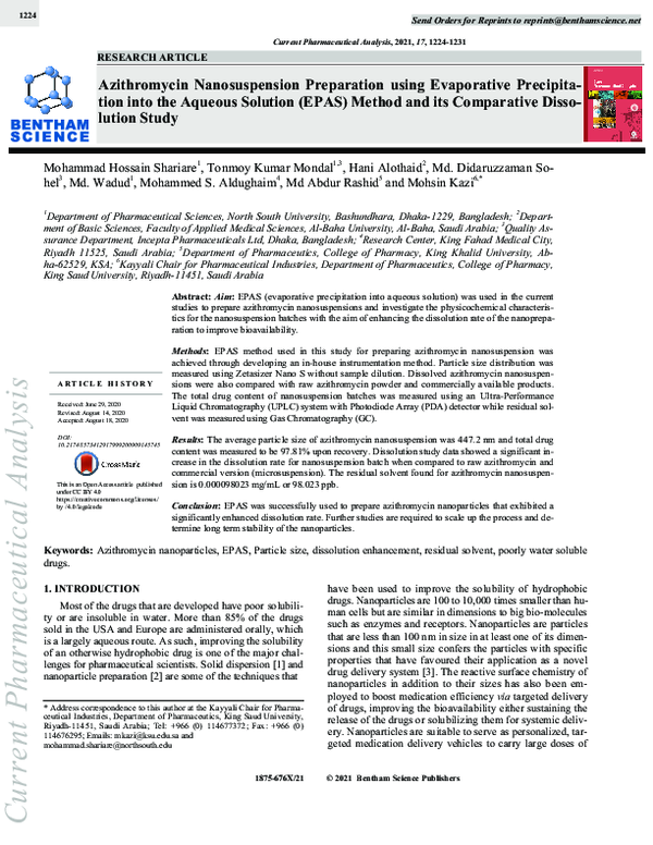 (PDF) Azithromycin Nanosuspension Preparation using Evaporative ...