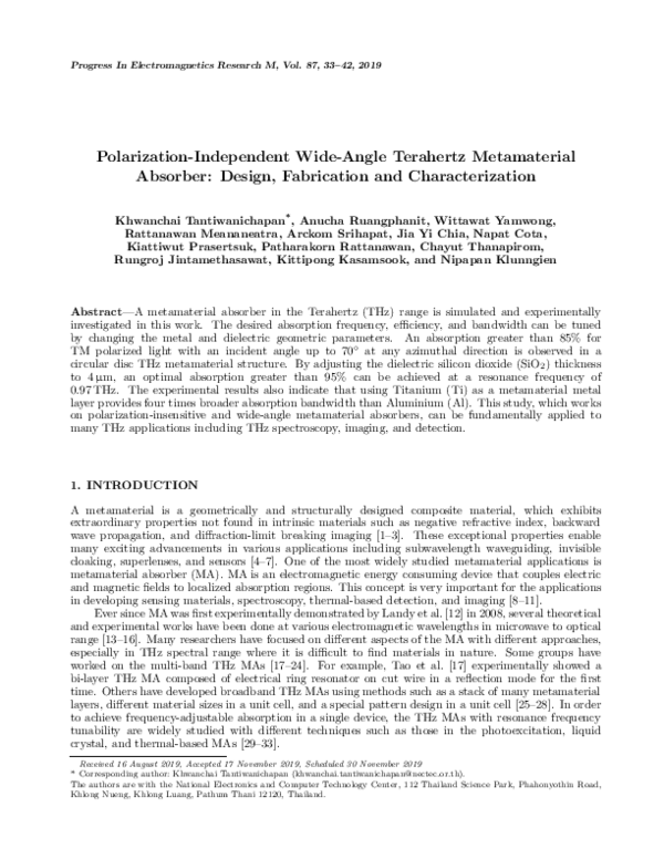 (PDF) Polarization-Independent Wide-Angle Terahertz Metamaterial Absorber: Design, Fabrication ...
