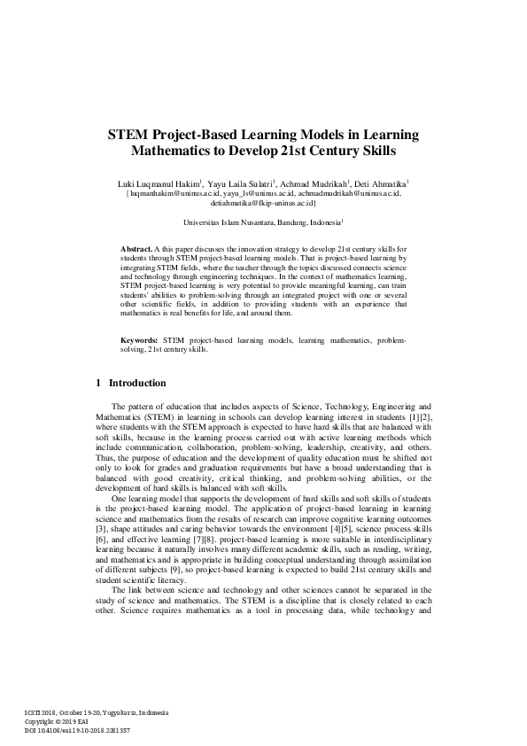 (PDF) STEM Project-Based Learning Models in Learning Mathematics to Develop 21st Century Skills