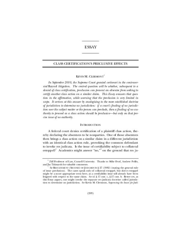(PDF) Class Certification’s Preclusive Effects