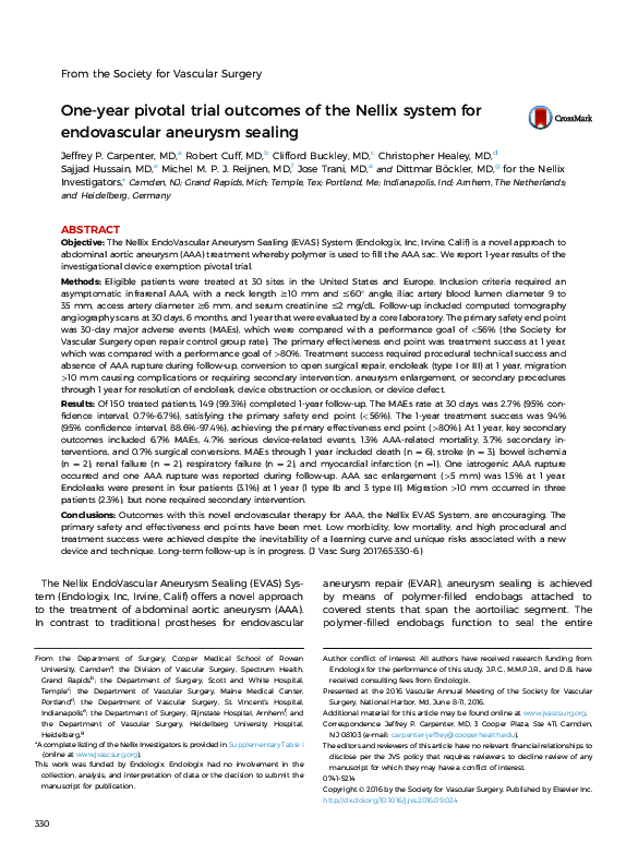 (PDF) One-year pivotal trial outcomes of the Nellix system for ...