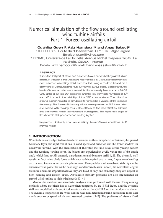 (PDF) Numerical simulation of the flow around oscillating wind turbine airfoils Part 1: Forced ...