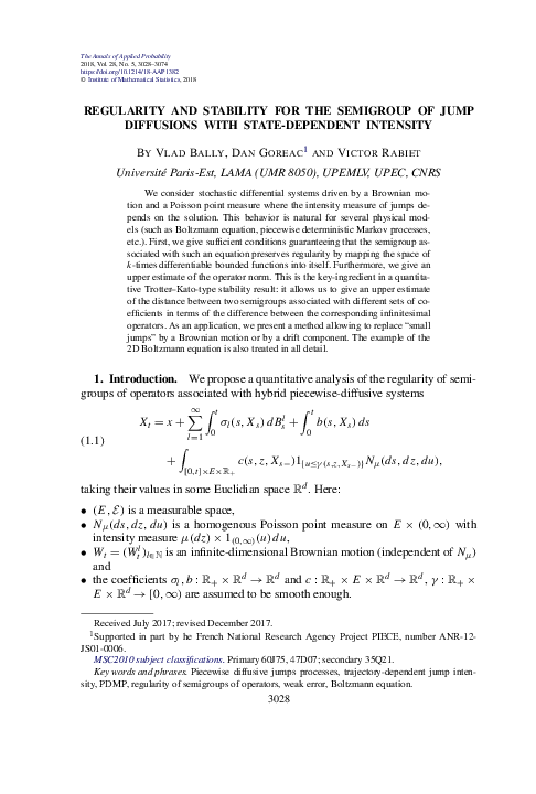 (PDF) Regularity and stability for the semigroup of jump diffusions with state-dependent intensity