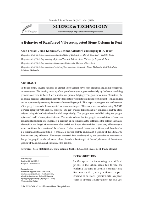 (PDF) A behavior of reinforced vibrocompacted stone column in peat