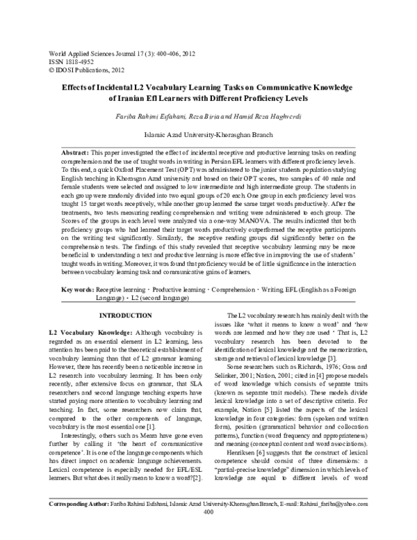 (PDF) Effects of Incidental L2 Vocabulary Learning Tasks on Communicative Knowledge of Iranian ...