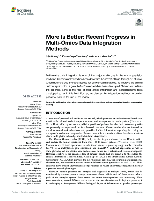 (PDF) More Is Better: Recent Progress in Multi-Omics Data Integration Methods