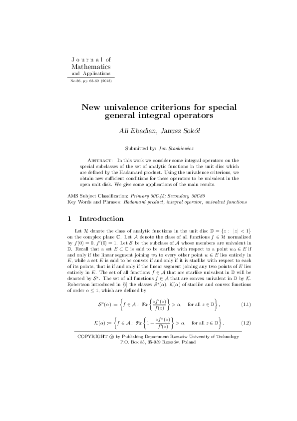 (PDF) Ali Ebadian, J. Sokol, New univalence criterions for special general integral operators