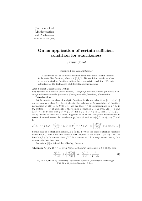 (PDF) On an application of certain condition for starlikeness
