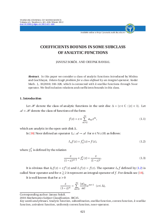 (PDF) Coefficients bounds in some subclass of analytic functions