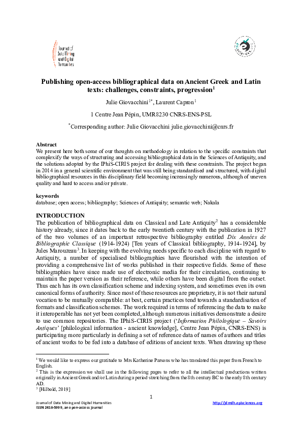 (PDF) Publishing open-access bibliographical data on Ancient Greek and ...