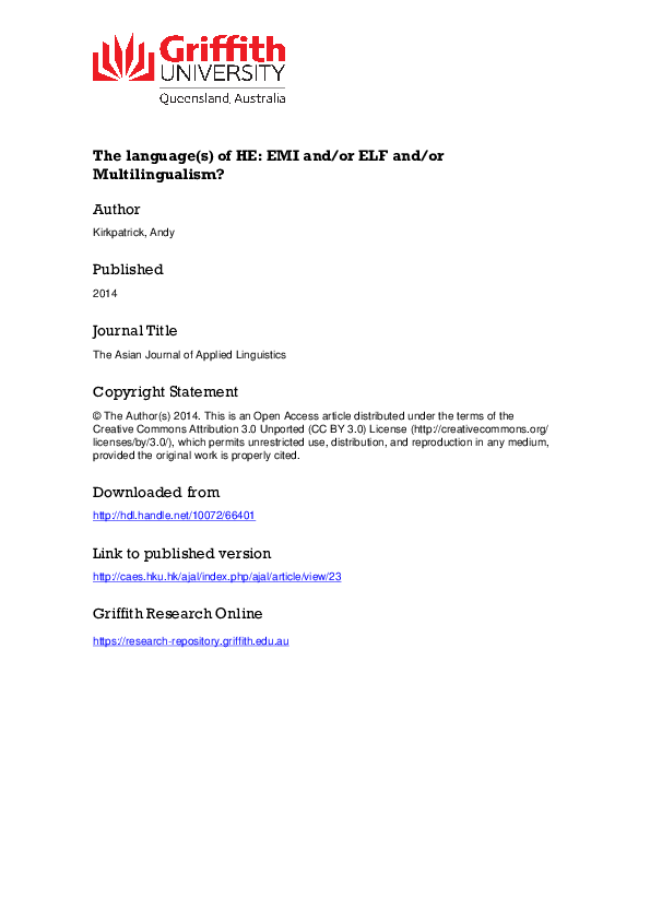 (PDF) The language(s) of HE: EMI and/or ELF and/or Multilingualism?