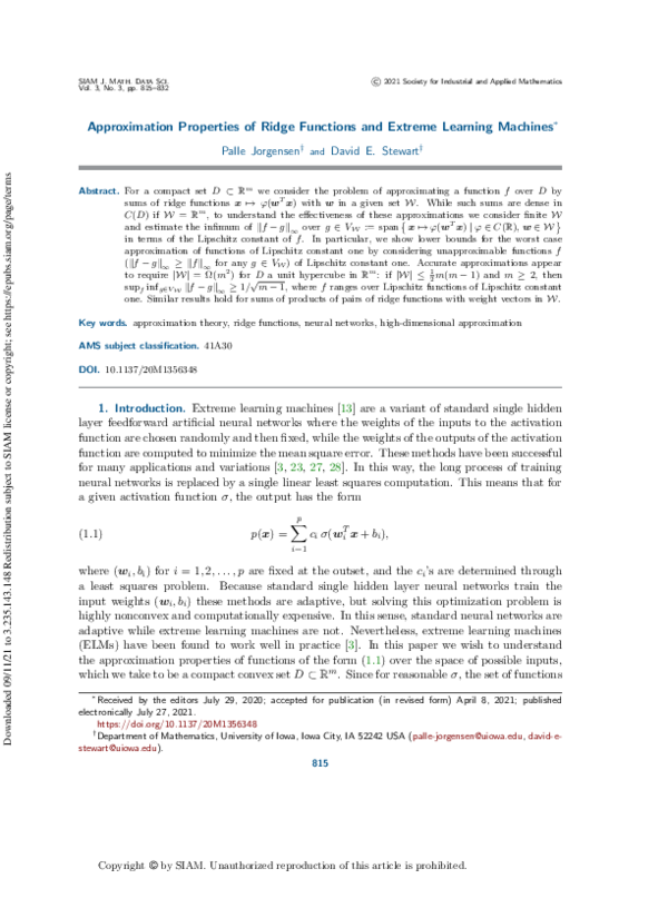 (PDF) Approximation Properties of Ridge Functions and Extreme Learning ...