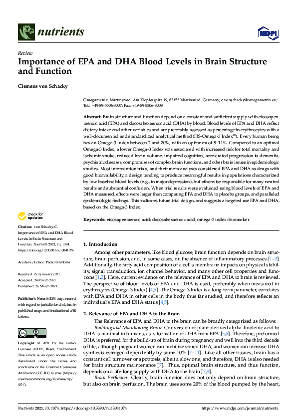 (PDF) Importance of EPA and DHA Blood Levels in Brain Structure and ...