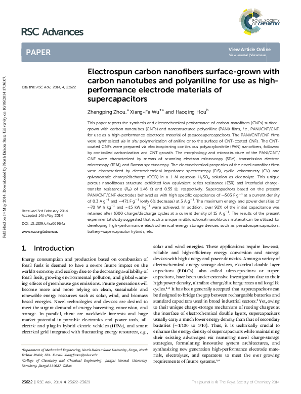 (PDF) Electrospun carbon nano fi bers surface-grown with carbon nanotubes and polyaniline for ...
