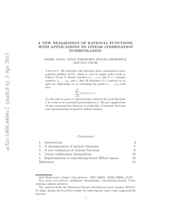 (PDF) A new realization of rational functions, with applications to linear combination ...