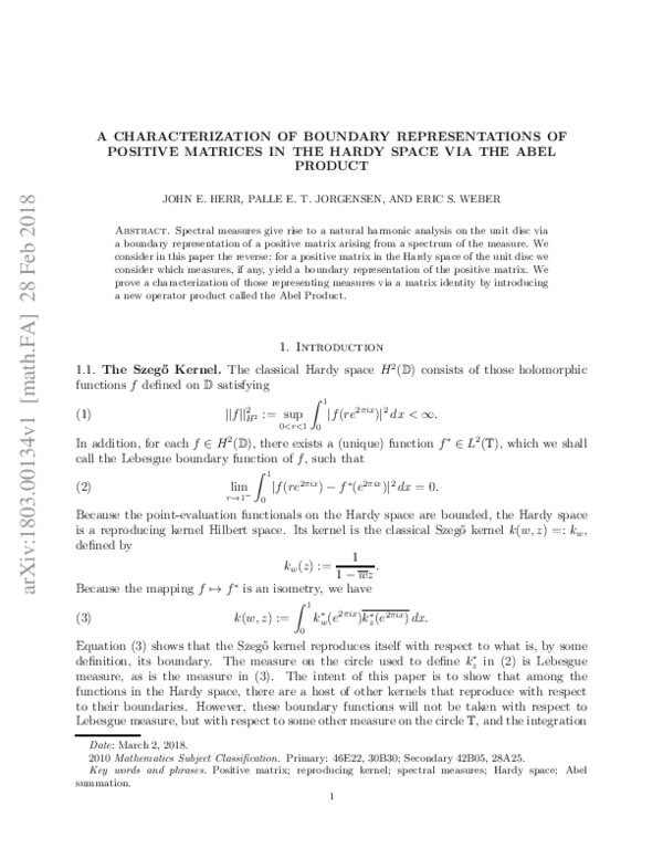 (PDF) A characterization of boundary representations of positive matrices in the Hardy space via ...