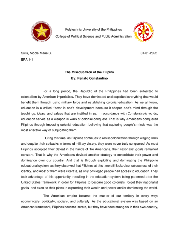 (PDF) The Miseducation of the Filipino by: Renato Constantino ( RIPH ACT 6-SOLIS)