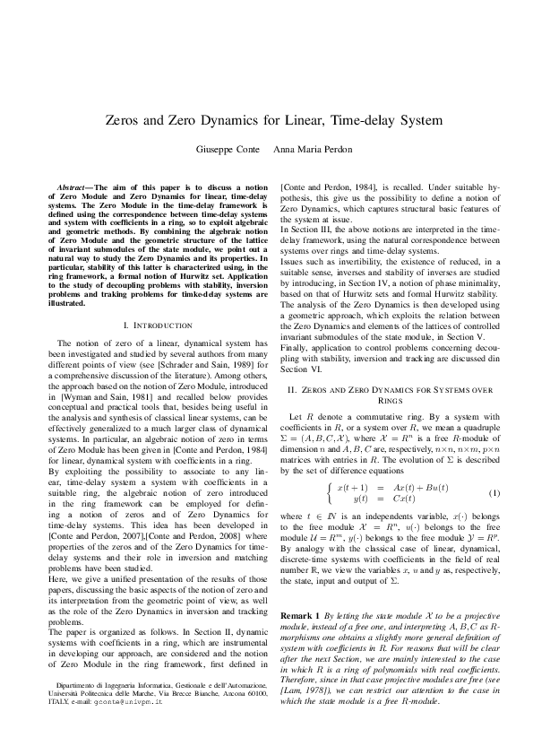 (PDF) Zeros and Zero Dynamics for Linear , Time-delay System