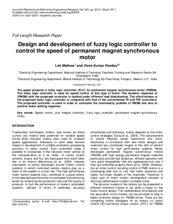 (PDF) Design and development of fuzzy logic controller to control the speed of permanent magnet ...