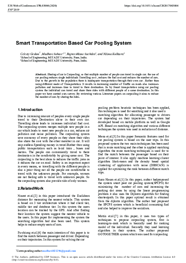 (PDF) Smart Transportation Based Car Pooling System