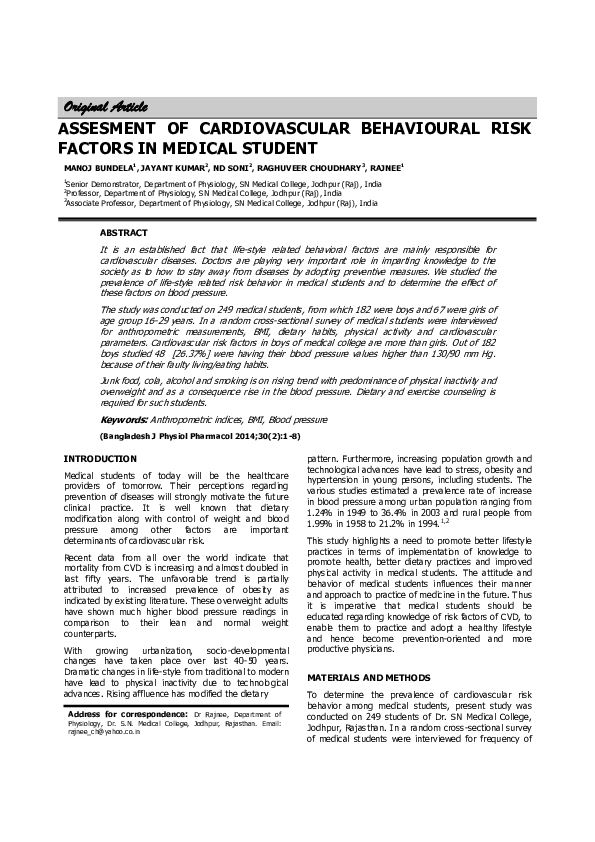 (PDF) Assessment of cardiovascular behavioural risk factors in medical ...