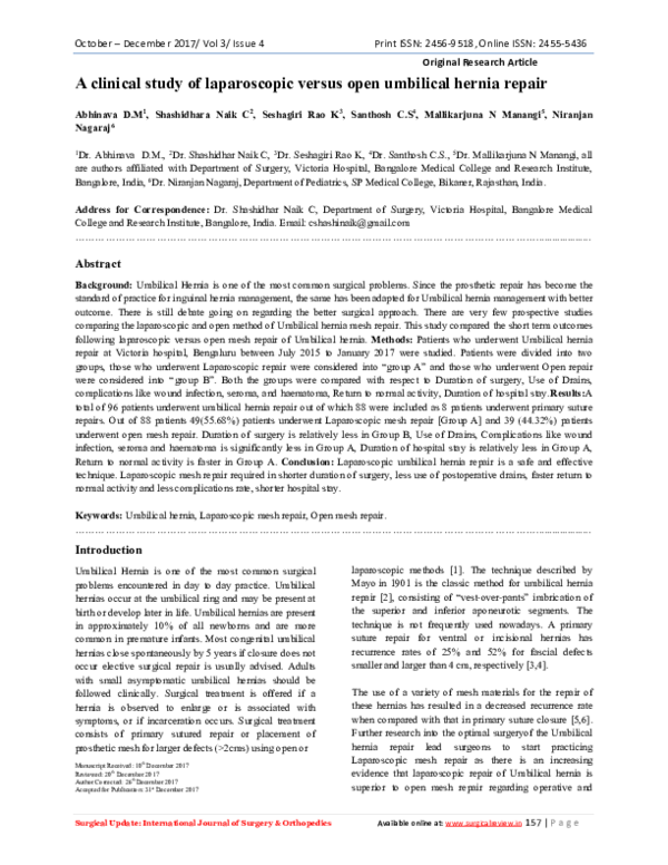 (PDF) A clinical study of laparoscopic versus open umbilical hernia repair