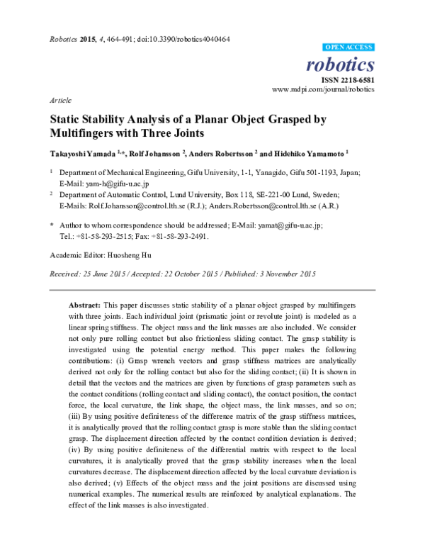 (PDF) Static Stability Analysis of a Planar Object Grasped by ...