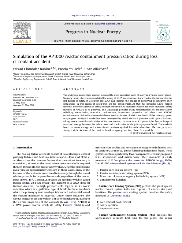(PDF) Simulation of the AP1000 reactor containment pressurization ...