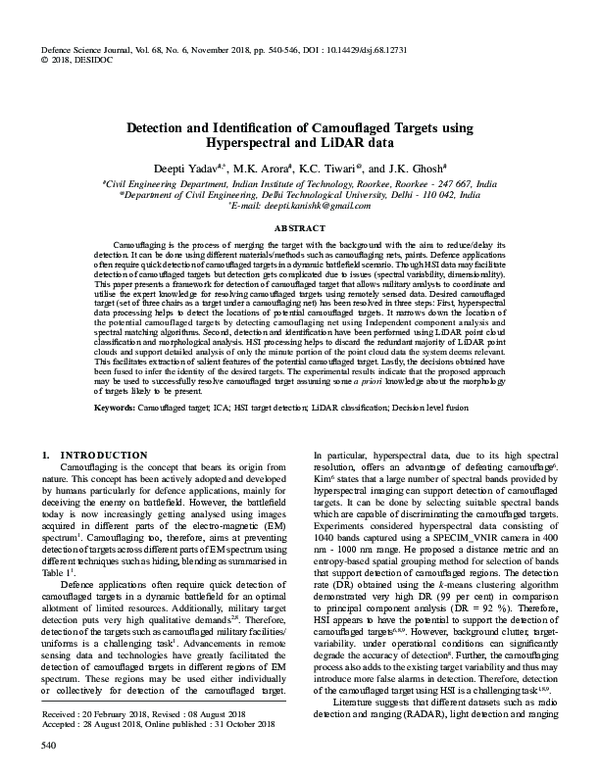 (PDF) Detection and Identification of Camouflaged Targets using Hyperspectral and LiDAR data
