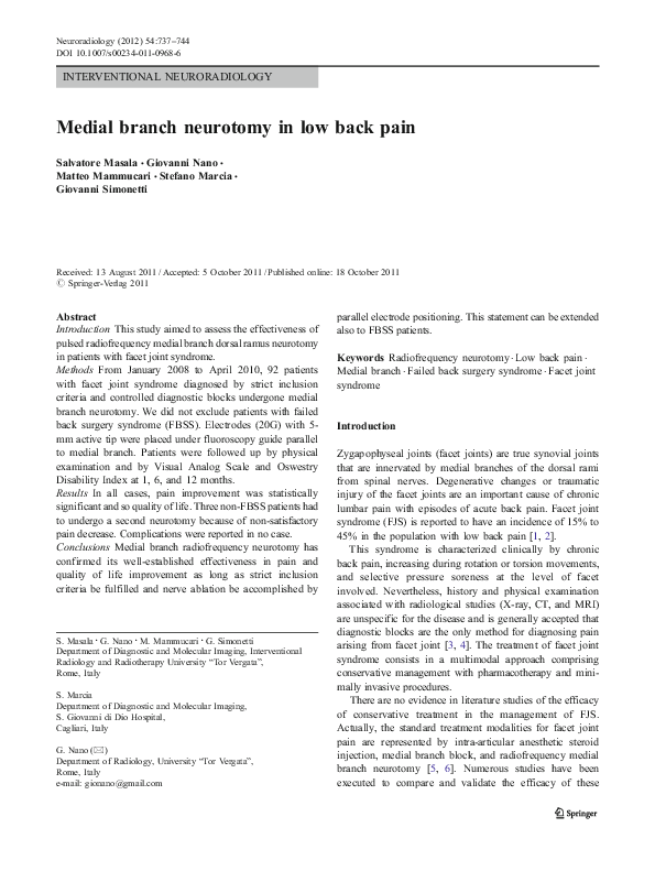 (PDF) Medial branch neurotomy in low back pain