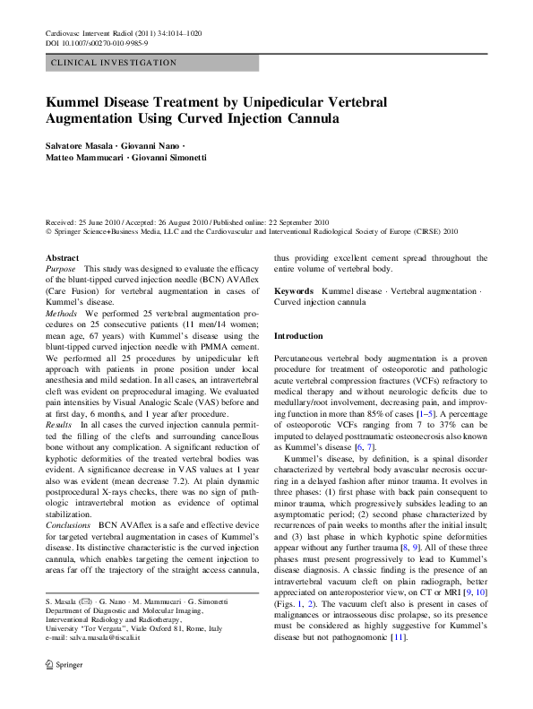 (PDF) Kummel Disease Treatment by Unipedicular Vertebral Augmentation ...