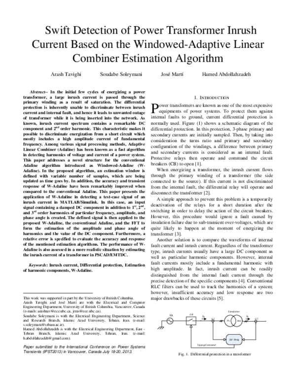 (PDF) Swift Detection of Power Transformer Inrush Current Based on the Windowed-Adaptive Linear ...