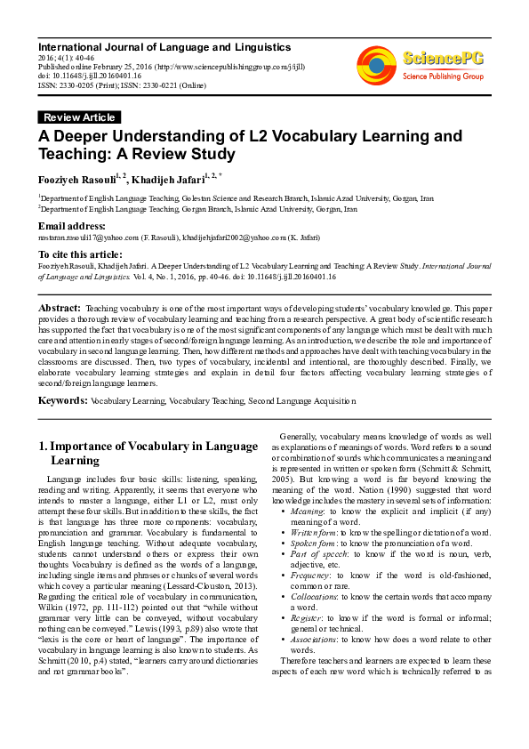 (PDF) A Deeper Understanding of L2 Vocabulary Learning and Teaching: A Review Study