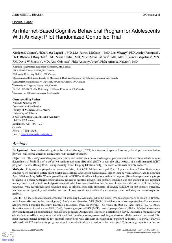 Pdf A Randomized Controlled Pilot Trial Evaluating An Internet Based Cognitive Behavioural
