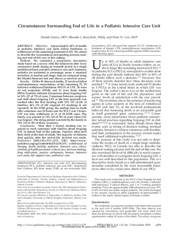 (PDF) Circumstances Surrounding End of Life In a Pediatric Intensive ...