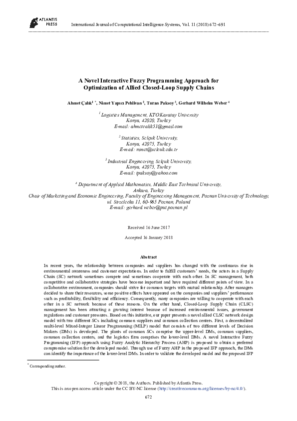 (PDF) Interactive Fuzzy Optimization in Closed-Loop Supply Chains