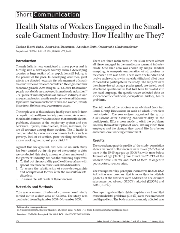 (PDF) Health status of workers engaged in the small-scale garment ...