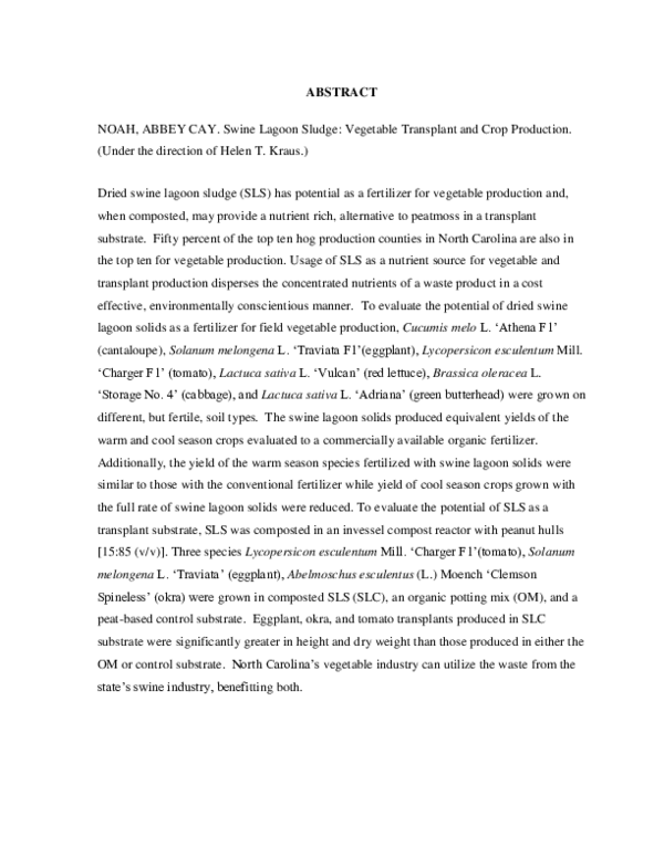 (PDF) Swine Lagoon Sludge: Vegetable Transplant and Crop Production