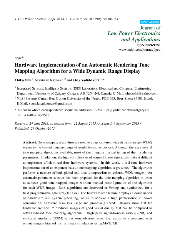 Pdf Hardware Implementation Of An Automatic Rendering Tone Mapping