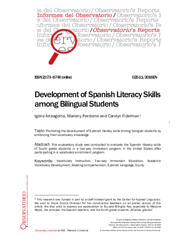 (PDF) Development of Spanish Literacy Skills among Bilingual Students