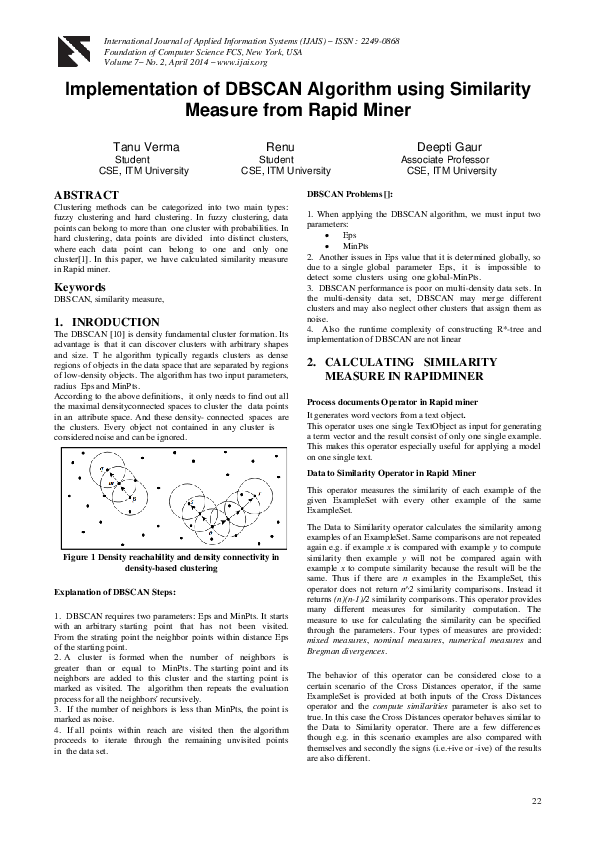 Pdf Implementation Of Dbscan Algorithm Using Similarity Measure From Rapid Miner