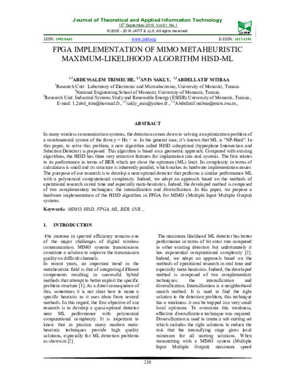 (PDF) Fpga Implementation of Mimo Metaheuristic Maximum-Likelihood Algorithm Hisd-ML