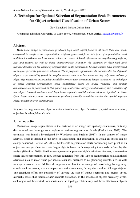 (PDF) A Technique for Optimal Selection of Segmentation Scale Parameters for Object-oriented ...