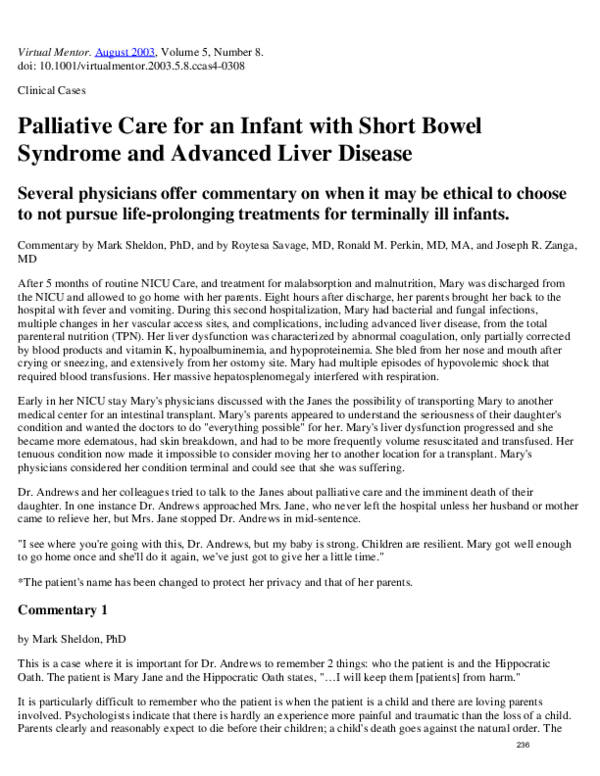 (PDF) Palliative care for an infant with short bowel syndrome and ...