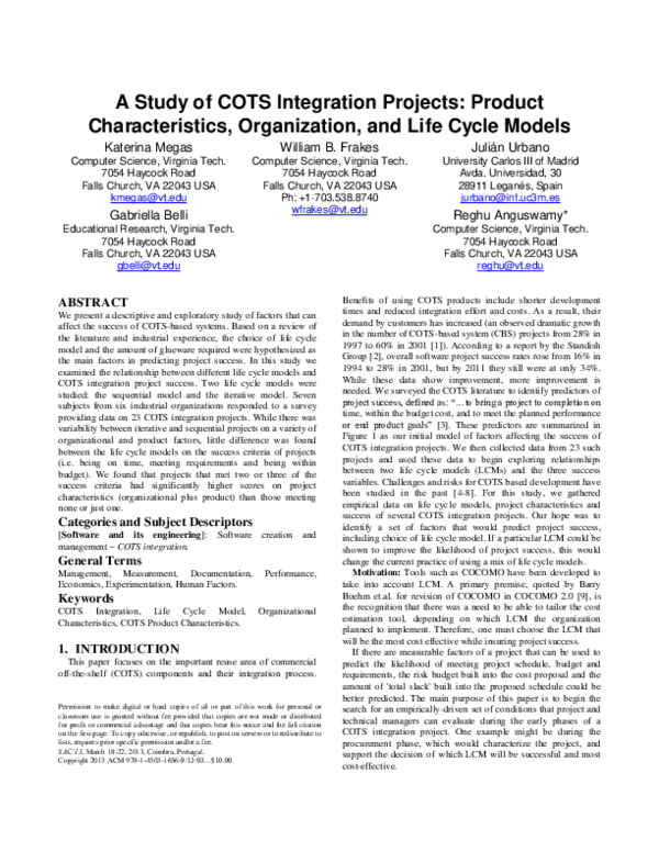 (PDF) A Study of COTS Integration Projects: Product Characteristics ...
