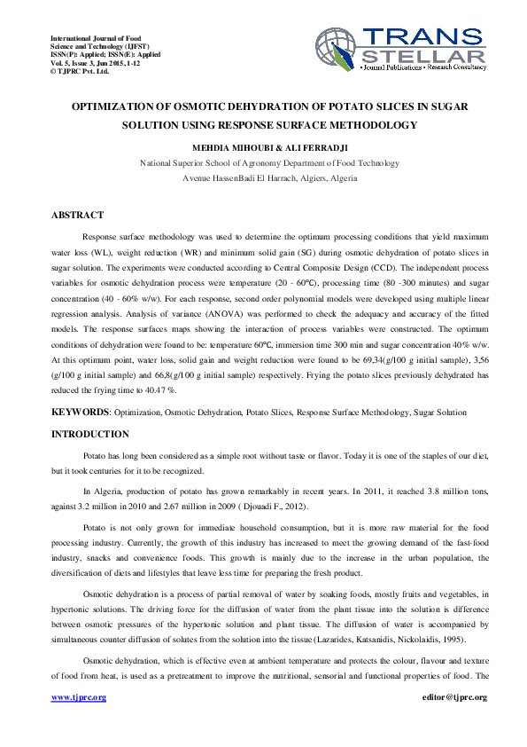 (PDF) Optimization of Osmotic Dehydration of Potato Slice S in Sugar Solution Using Response ...